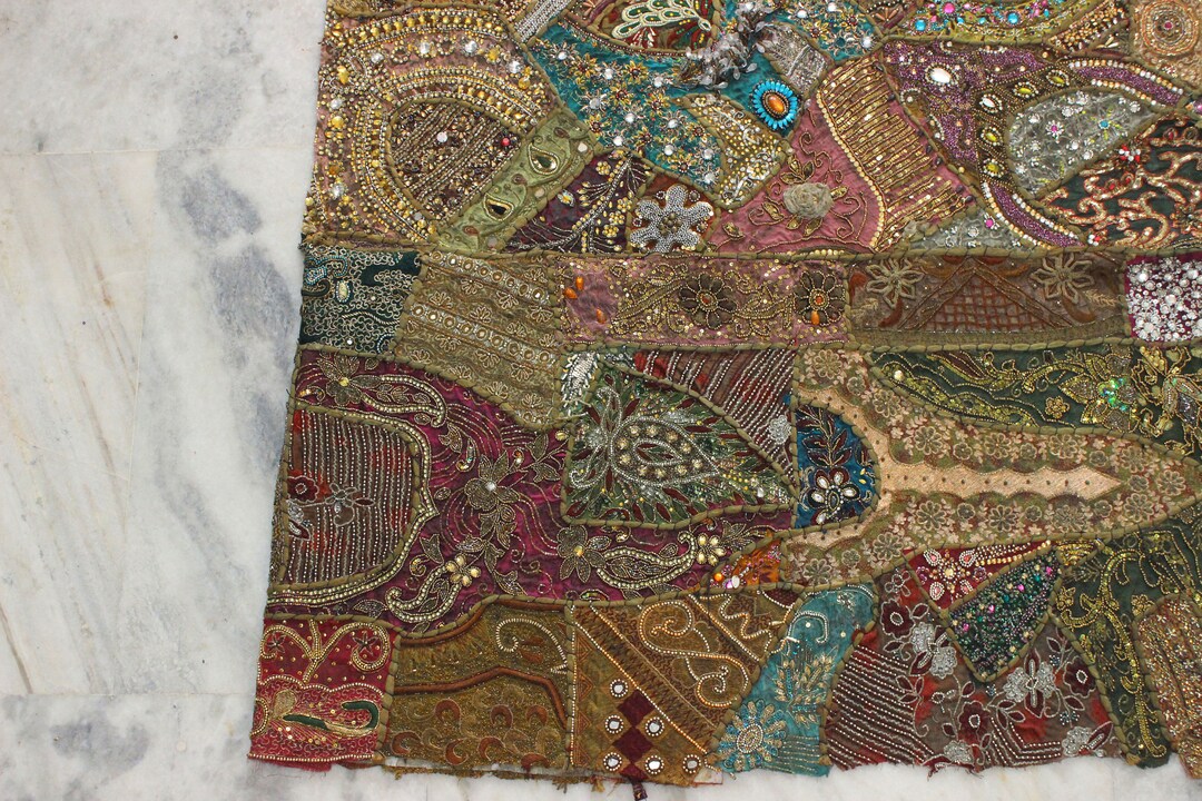 Beige Embroidered Indian Fabric: Heavy Threadwork, Upcycled Boho ...