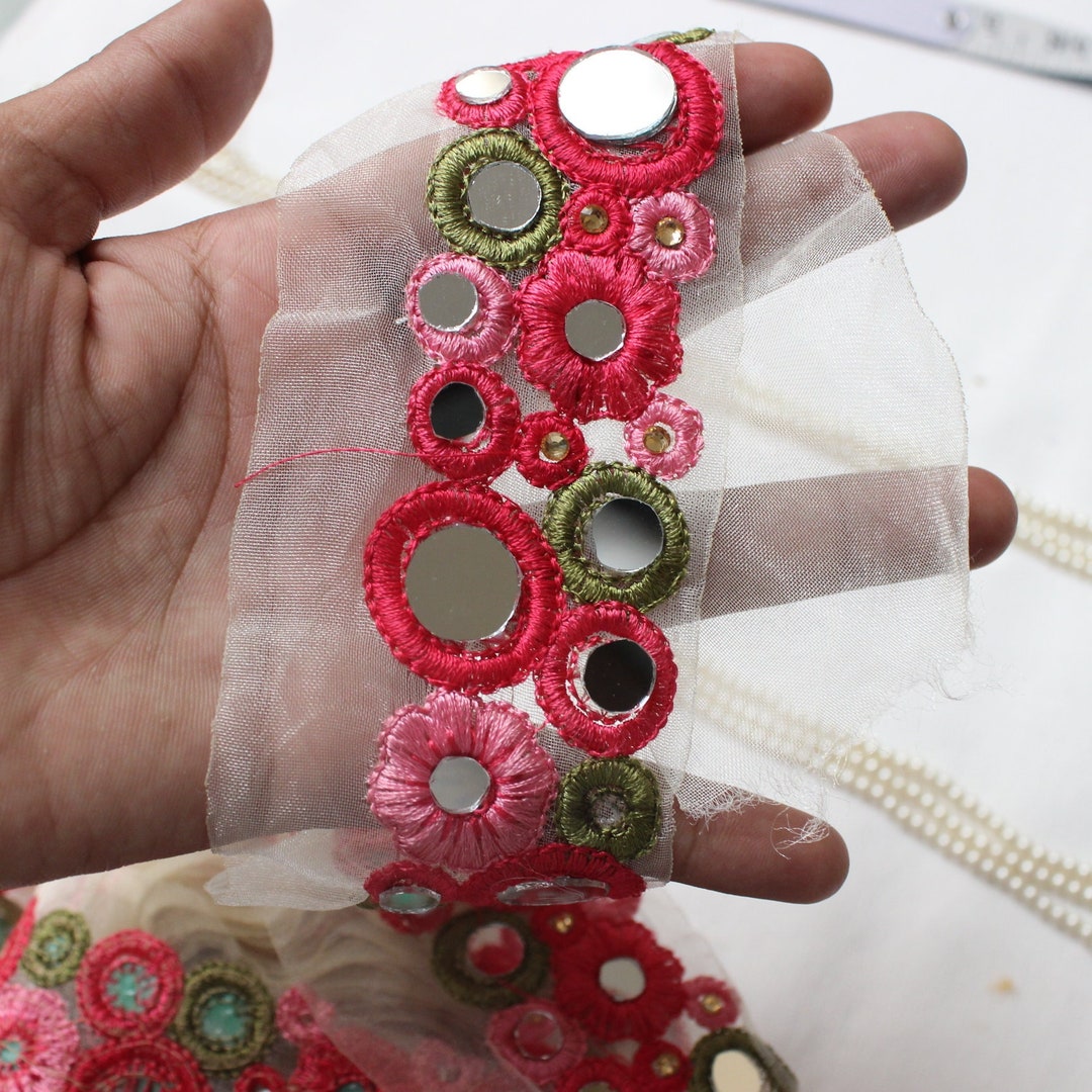Pink Indian Borders and Laces Thread Mirror Stones Work Trim Lace Polka ...