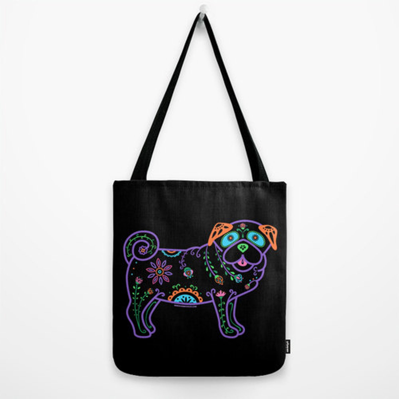 Color Sugar Skull Pug Tote Bag Dia de los Muertos Dia de | Etsy