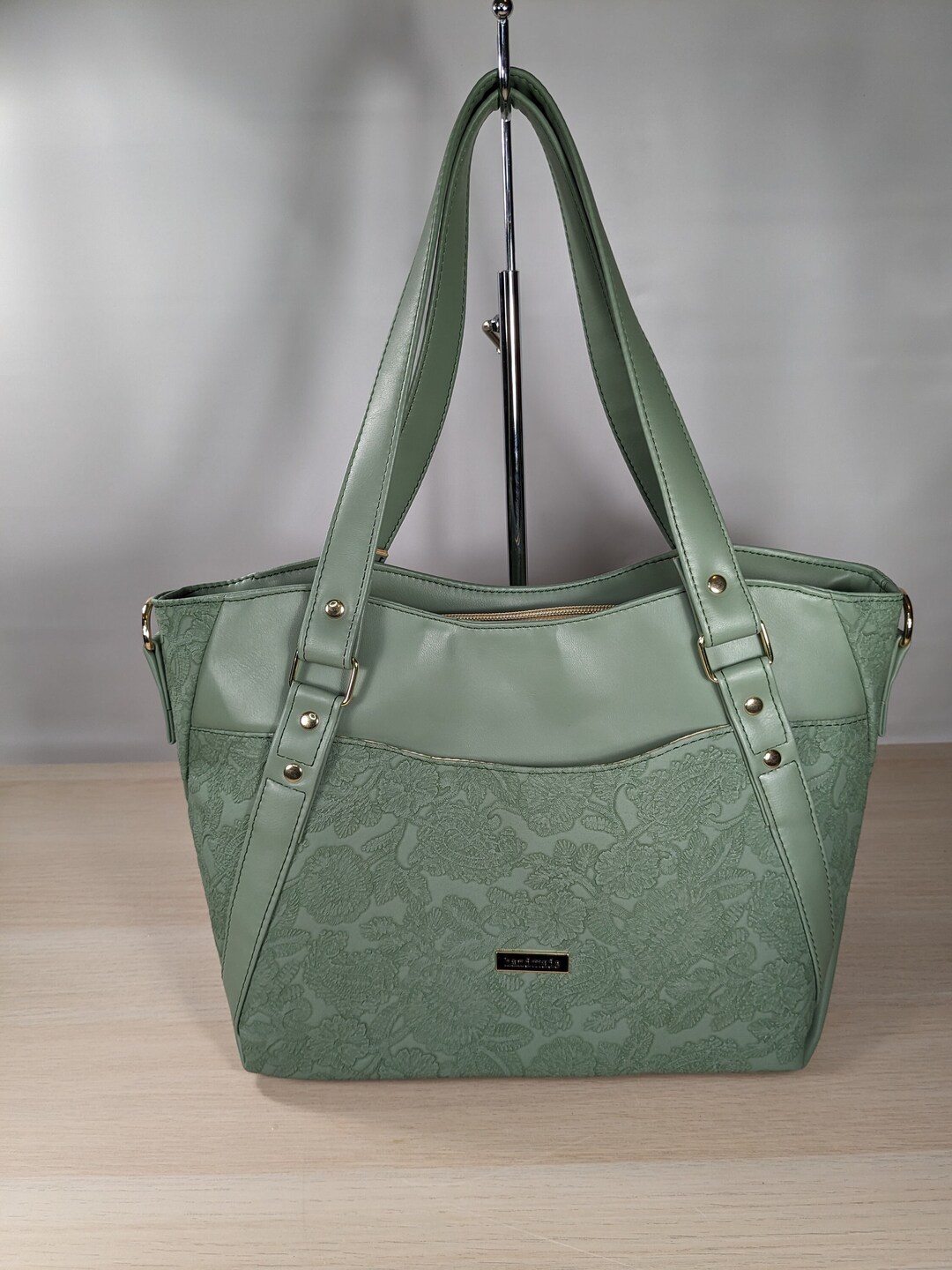Hiraeth Shoulder Bag Sage Embossed Two Texture Bag With Gold - Etsy