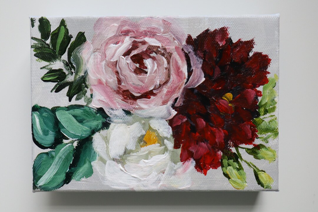 Mini Original Deep Edged Canvas Floral Acrylic Painting 5x7 Magenta and ...