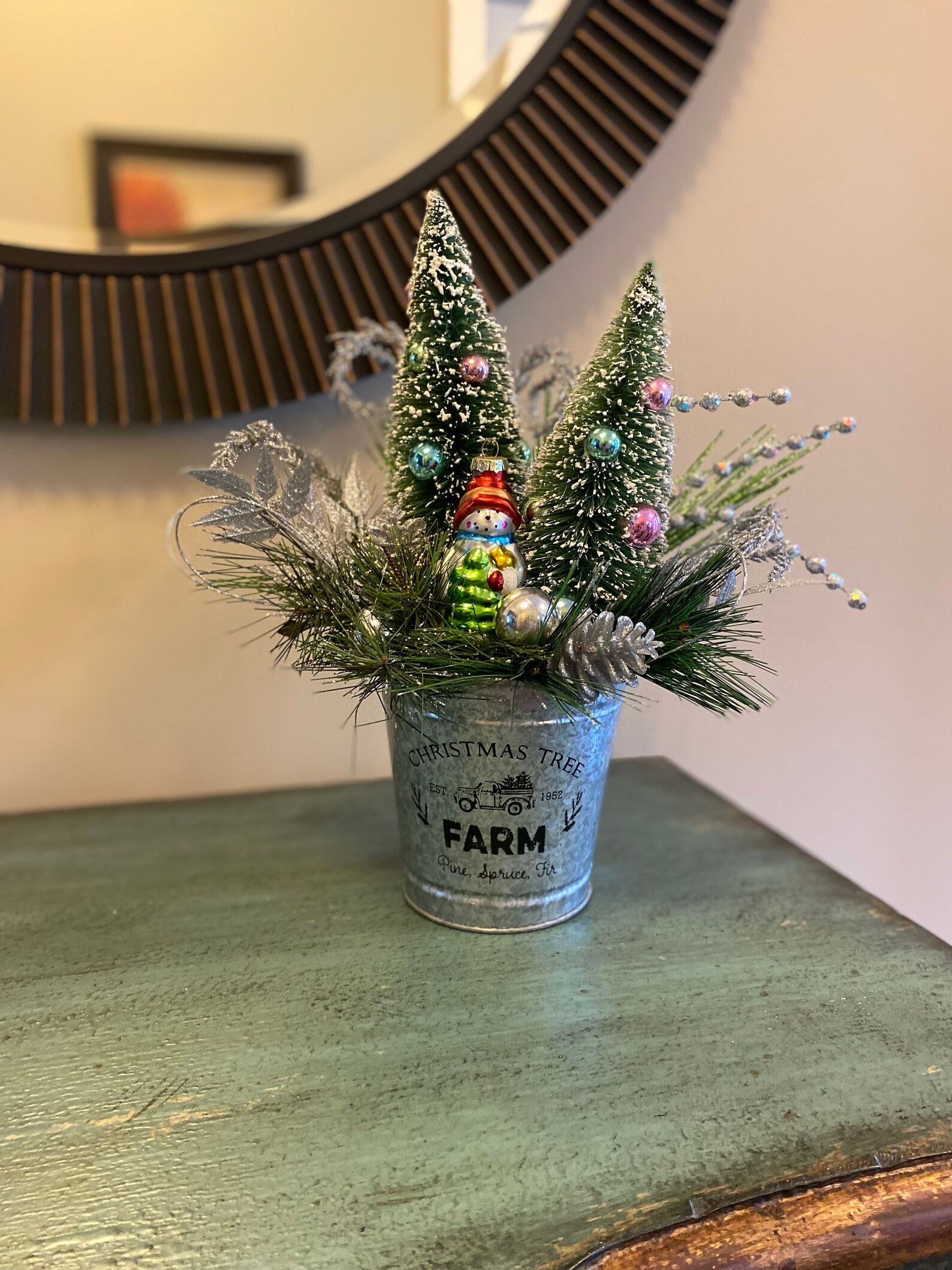 Retro Christmas Bottle Brush Tree Farm Bucket Arrangement-holiday ...