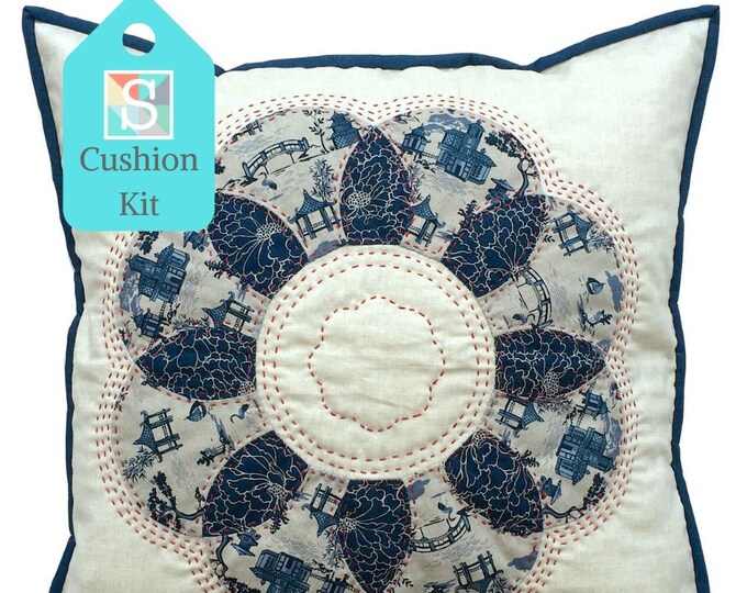 Curved EPP Flower Cushion Kit in Japanese Blue English Paper-piecing Kit, Sewing Kit, Hand ...