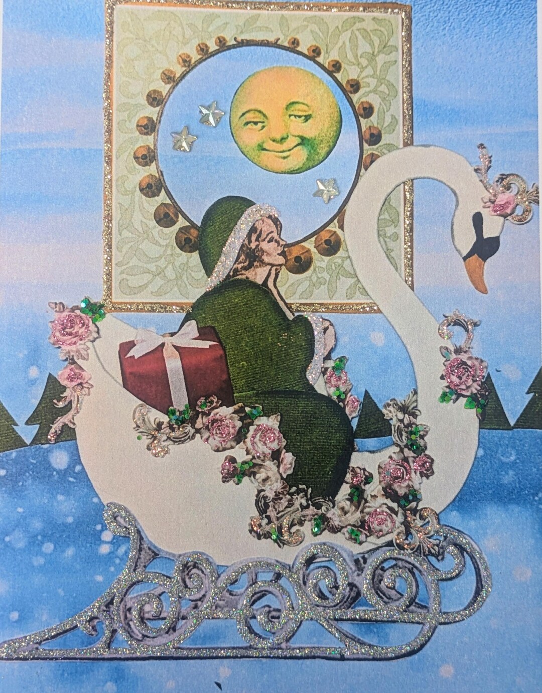 Swan Sleigh Christmas Card Pink Roses Flapper - Etsy