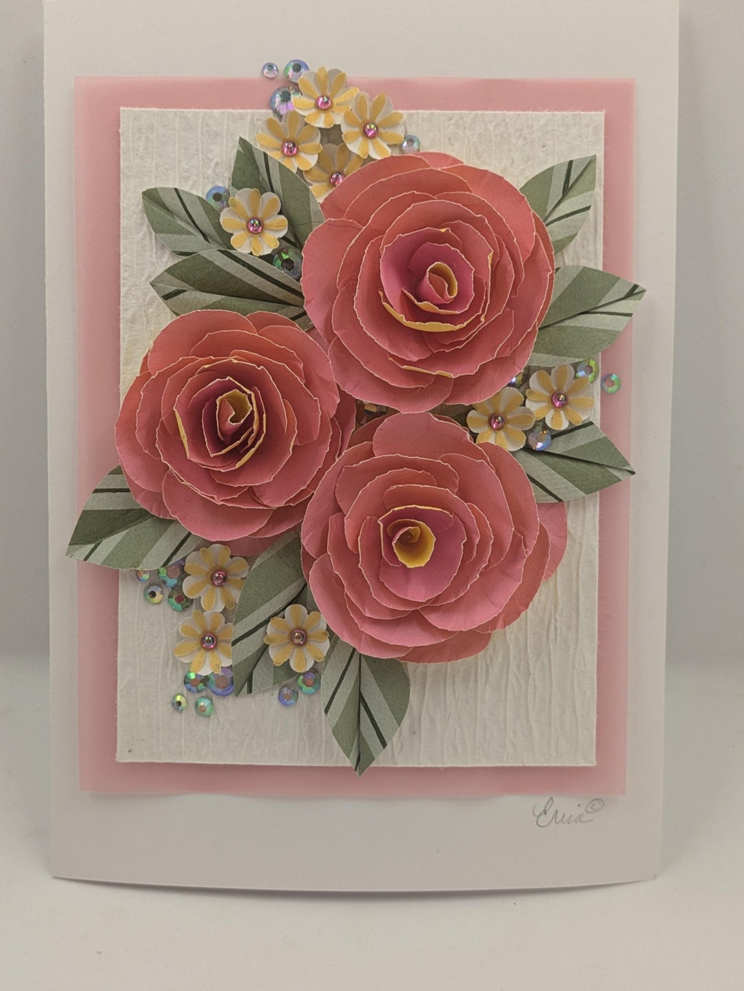 Handmade Paper Rose Greeting Card, Bejeweled Floral Embellishment - Etsy