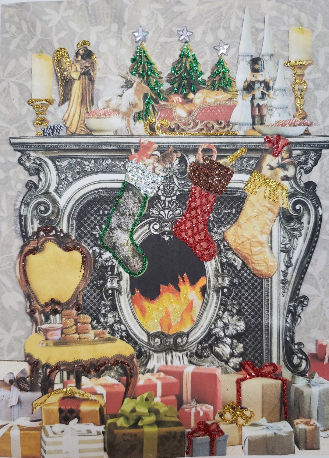 Hand Decorated Fireplace Christmas Card, Glitter Holiday Card - Etsy