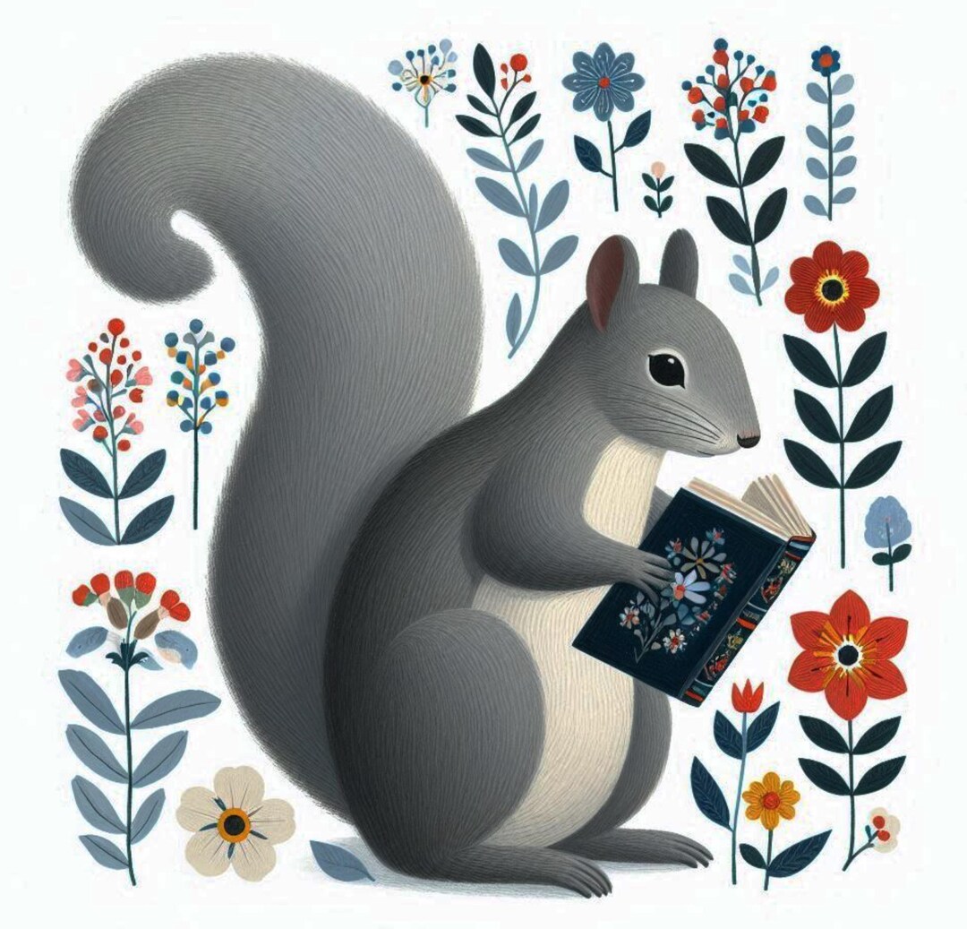 Reading Squirrel Vintage Digital Illustration - Etsy