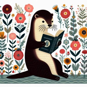 Reading Otter Vintage Illustration - Etsy