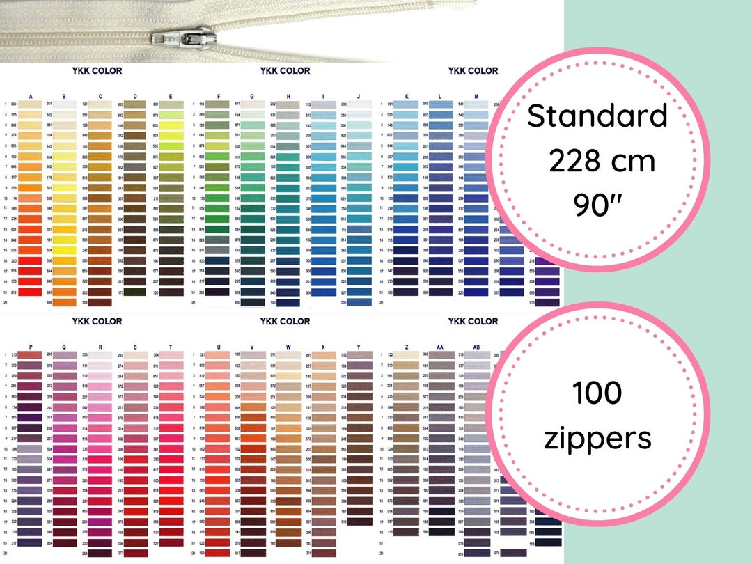 100 YKK Standard Zippers 90 Inches 228 Cm All Colors on Order Nylon No ...