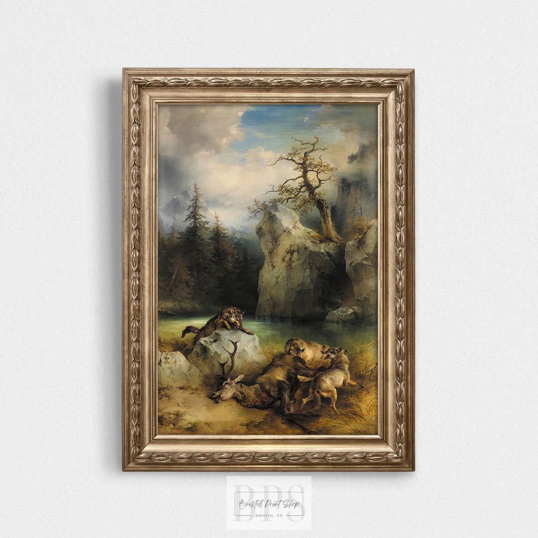 Vintage Wolf Hunting Art | Three Wolves Hunting Deer in Scenic ...