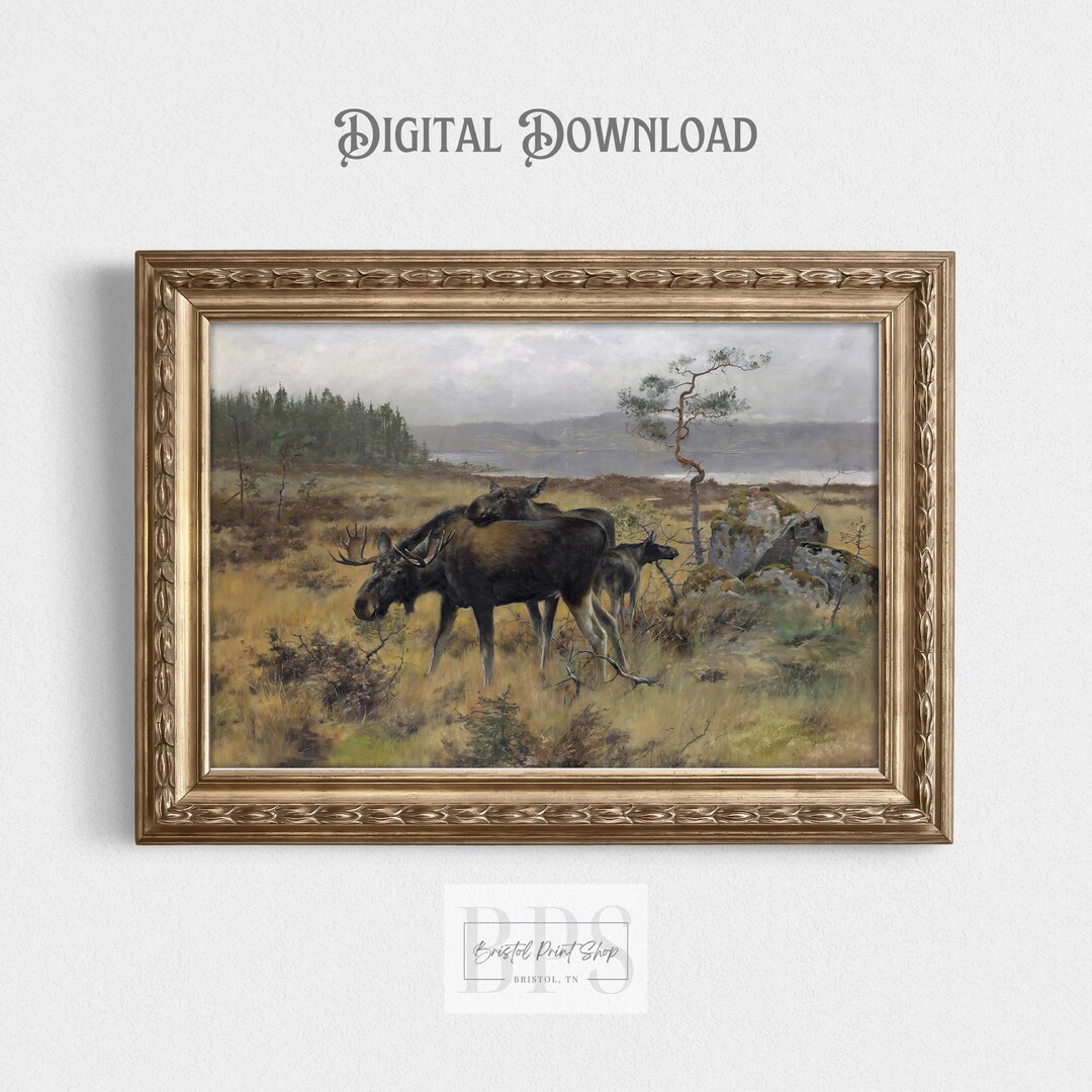 Vintage Moose Print | Scenic Mountain Lake With Three Moose Art ...