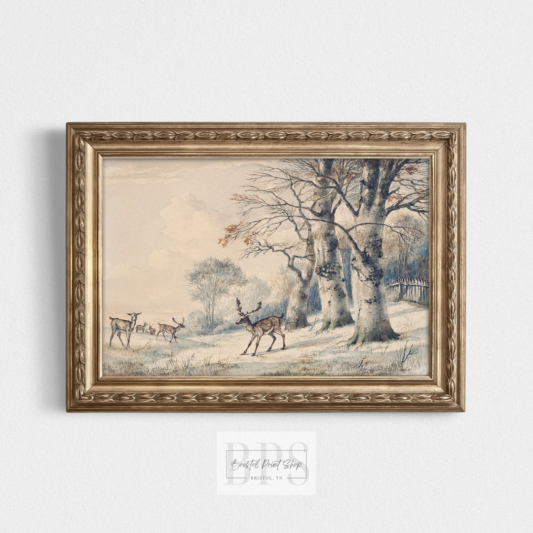 Vintage Winter Deer Print | Beech Tree Forest | Woodland Print | 19th ...