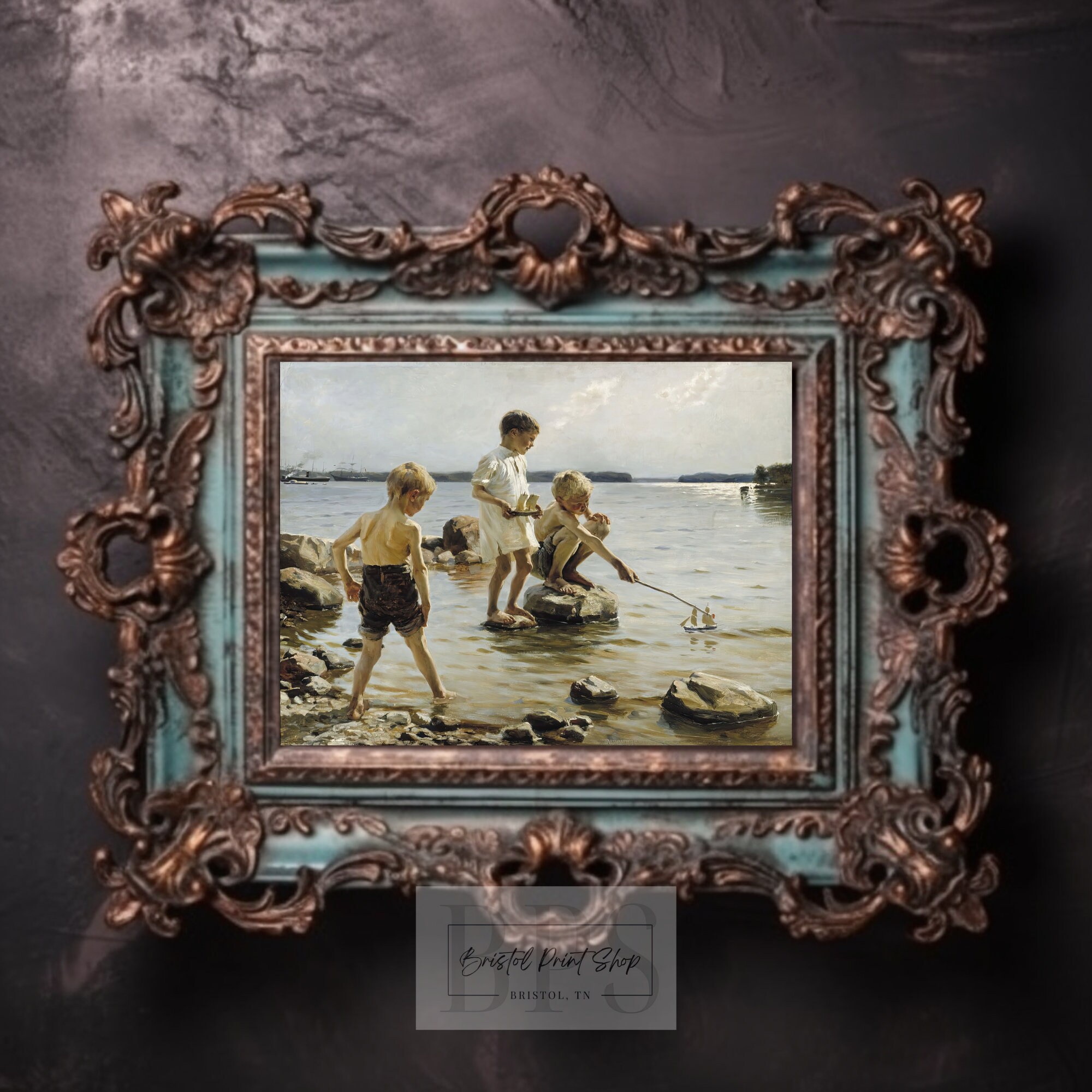Vintage 1884 Boy's Playing on the Shore | Colorful Lake Print | Antique ...
