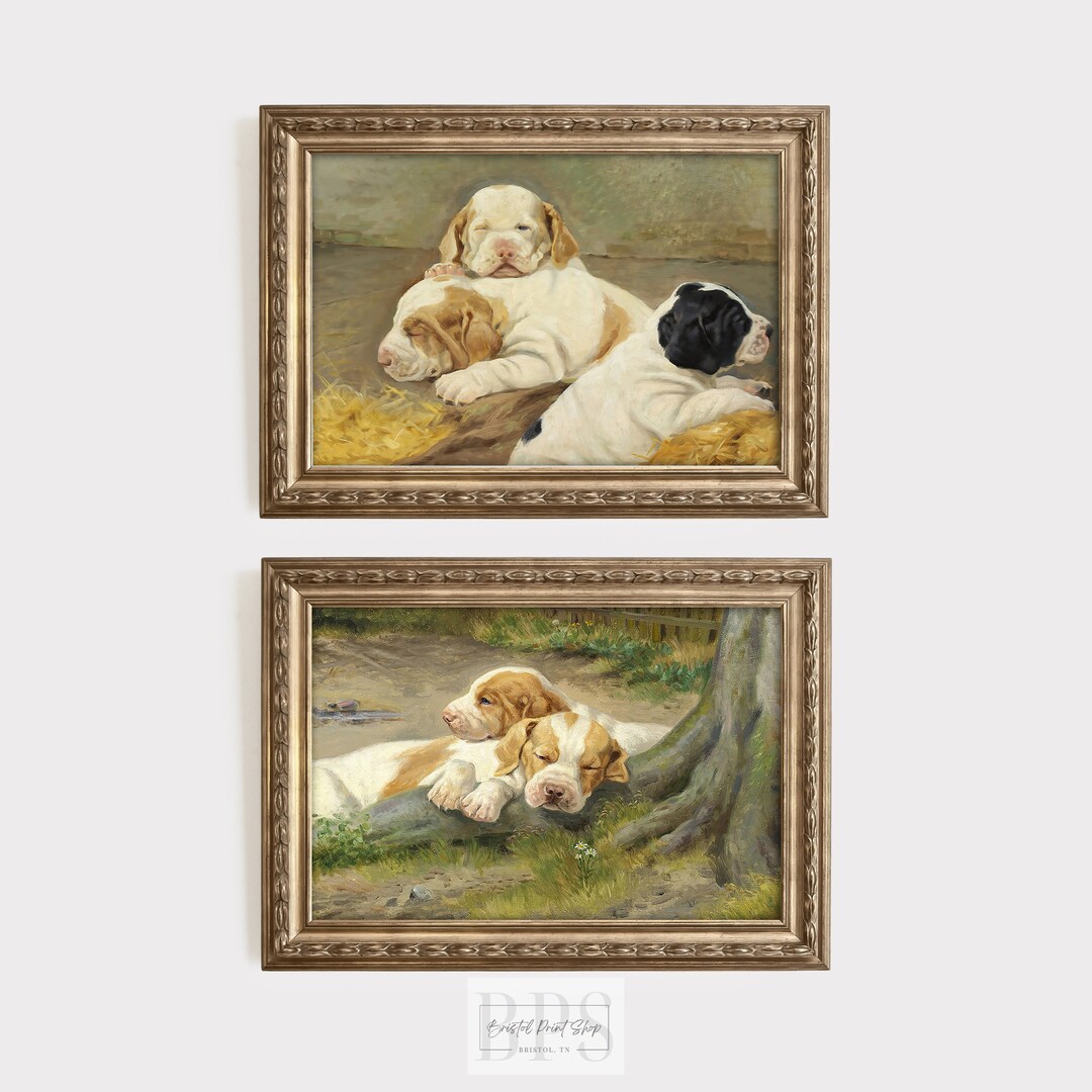 Sleeping Pointer Puppies Print | Vintage Dog Wall Art | Cute Nursery ...