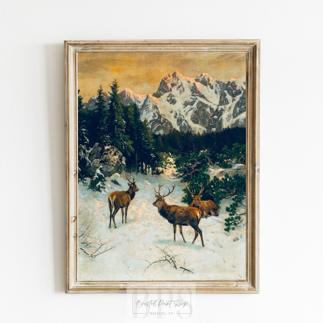 Vintage Winter Red Deer Sunrise Sunset Snow Print Antique - Etsy