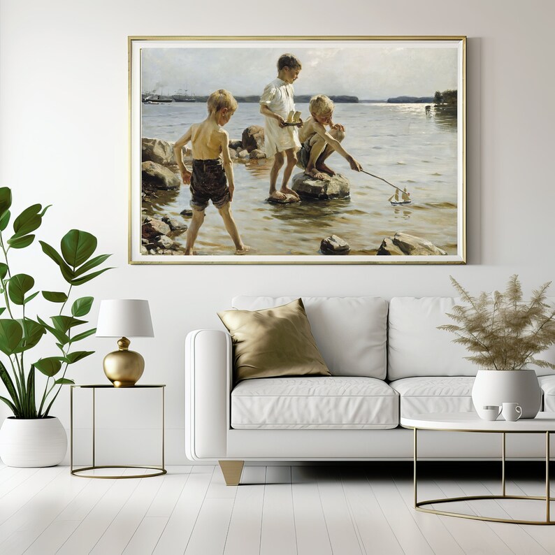 Vintage 1884 Boy's Playing on the Shore | Colorful Lake Print | Antique ...