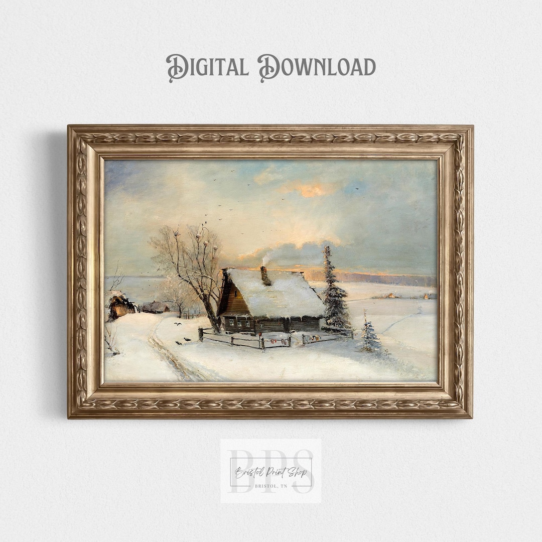 Vintage Winter Cabin in the Woods | Snow Covered Landscape Print ...