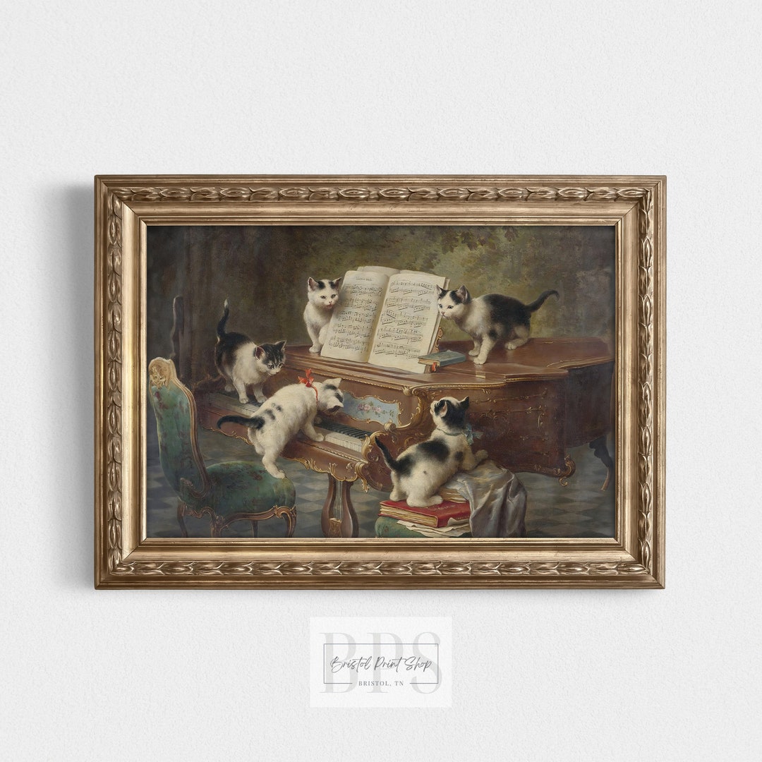 Antique Cat Art Print Mischievous Kittens on Piano Vintage Style Home ...