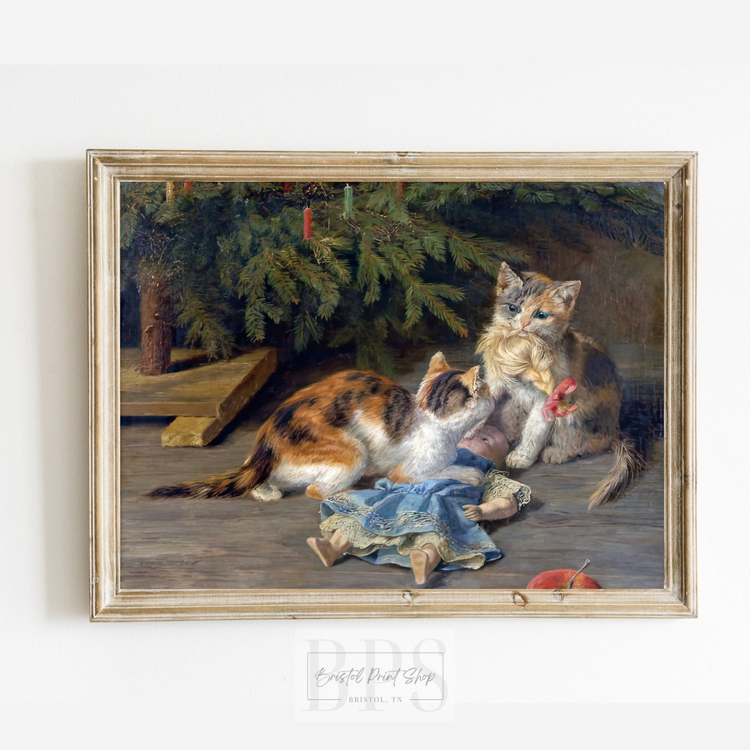 Vintage Christmas Cat Print Winter Holiday Art Antique - Etsy