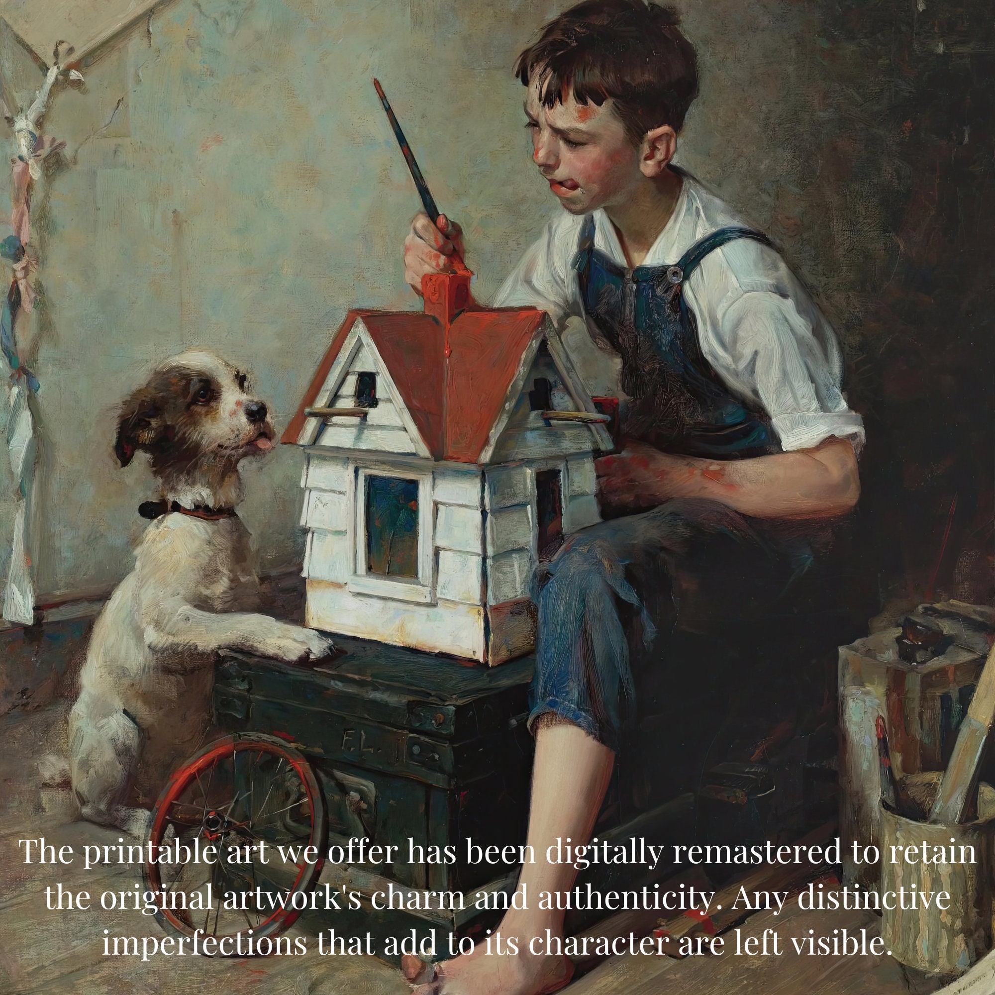 Vintage Norman Rockwell Art Print 1921 | Boy Painting Birdhouse With ...