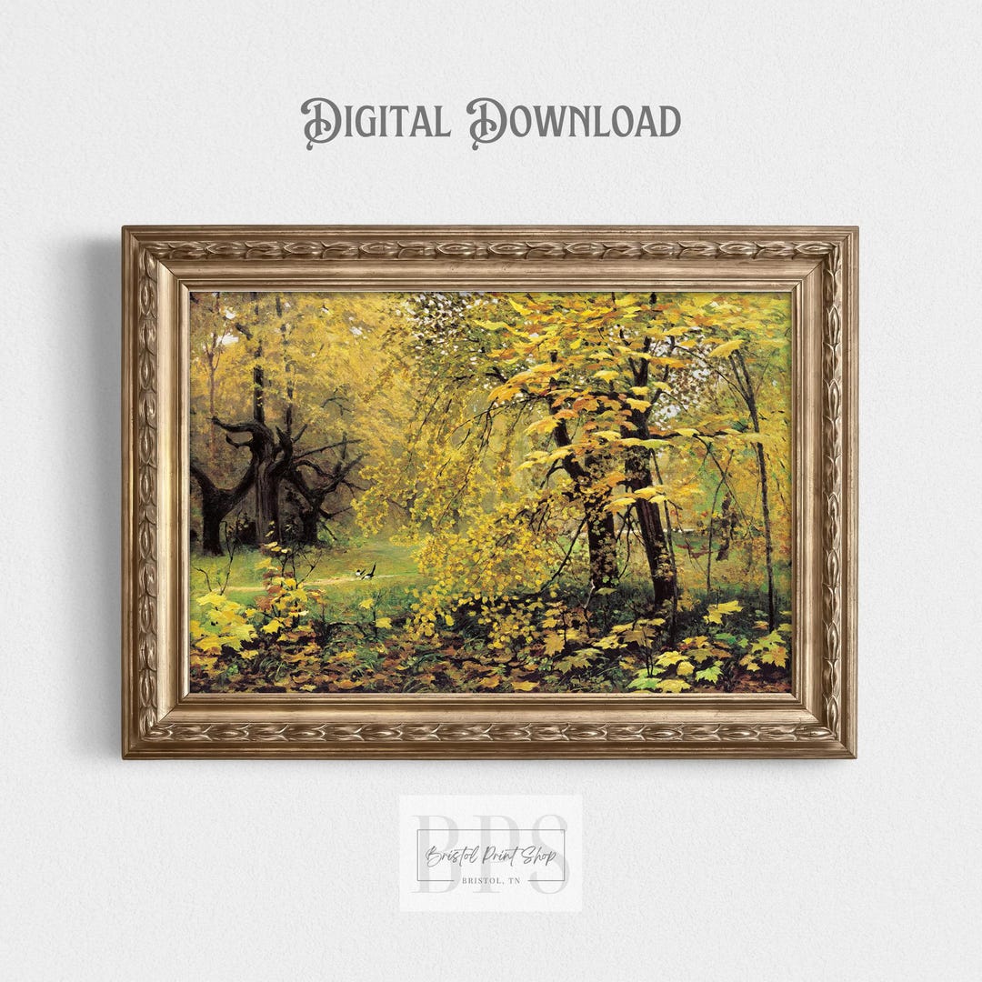 Vintage Autumn Print | Fall Landscape | Yellow Fall Woodland Foliage ...