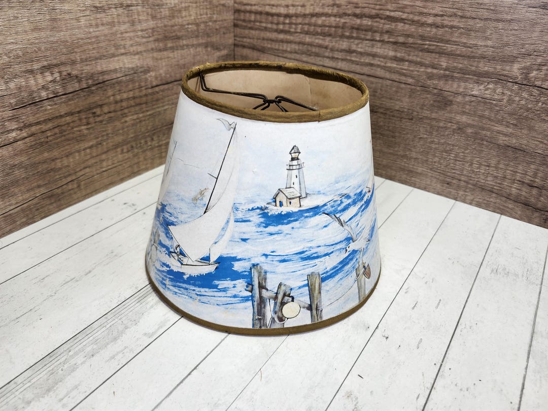 Nautical Lamp Shade, Clip On, Pinch, Coastal Ocean, Sailboat Lighthouse ...
