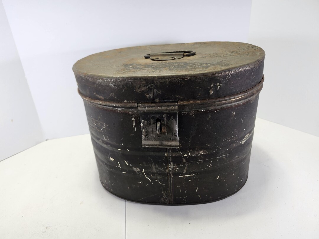 Metal Hat Box, Tin, Vintage, Black, Oval, Kitchen Decor, Large, Retro ...