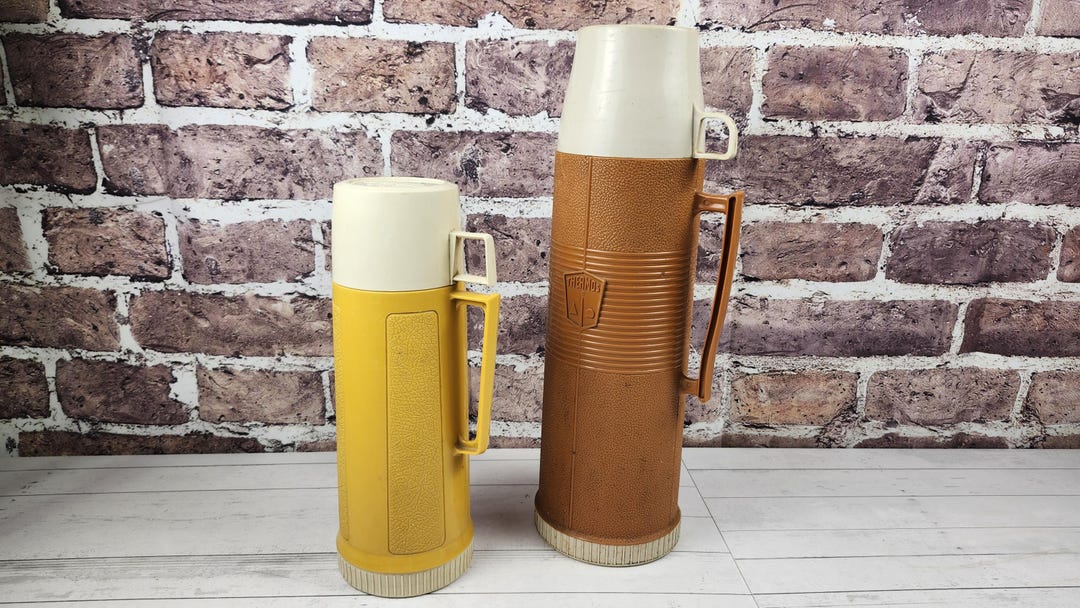 Vintage Plastic Thermos Set: Retro Camp Decor, Distressed Fall Colors ...
