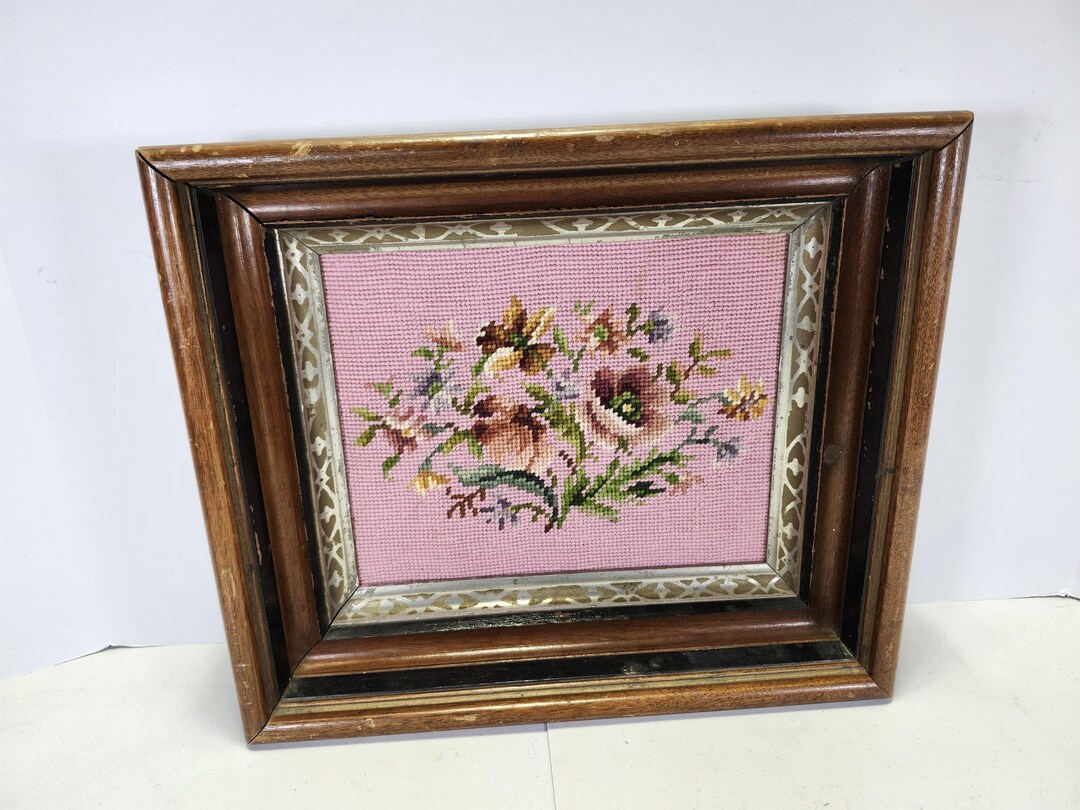 Framed Needlepoint Picture, Vintage, Sewing, Sewn, Stitched, Wood ...
