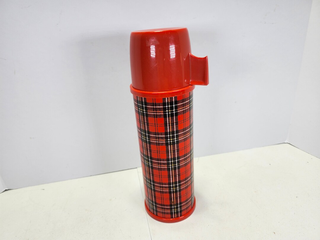 Aladdin Plaid Thermos, 24 Oz, Cup, Vintage Red, Metal Plastic Picnic ...