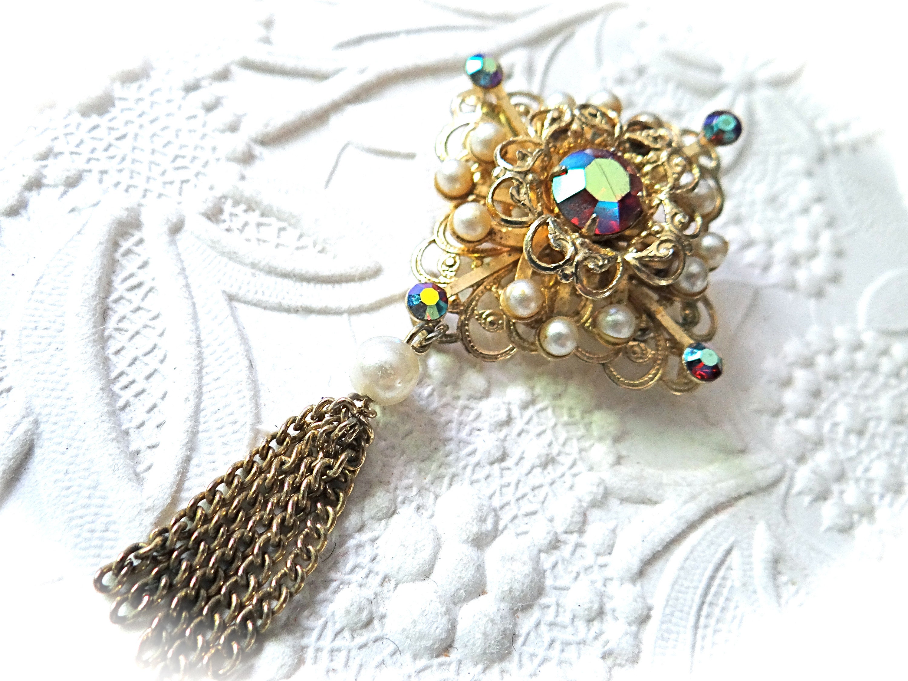 Gold Pearl & Rhinestone Brooch With Tassel Costume Jewelry | Etsy