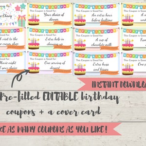 EDITABLE Birthday Coupon Cards - Kid Birthday Gifts Party Activities ...