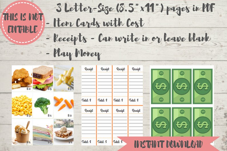 Restaurant Pretend Play - Money, Menu, Cafe Sign, Food Cards, Receipts ...
