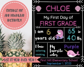 EDITABLE First Day of School Mermaid Sign Back to School Chalkboard ...