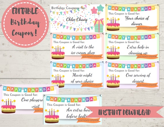 EDITABLE Birthday Coupon Cards Kid Birthday Gifts Party - Etsy