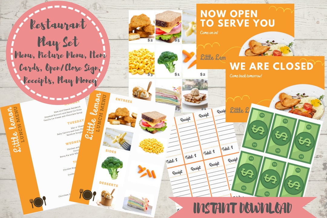 Restaurant Pretend Play - Money, Menu, Cafe Sign, Food Cards, Receipts ...