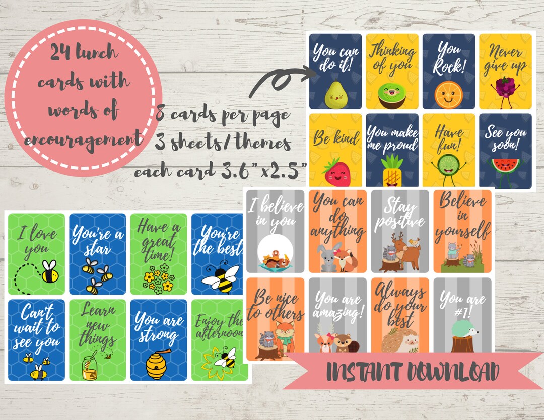 Lunchbox Cards - Lunch Snack Box Notes for Kids, Words of Encouragement ...