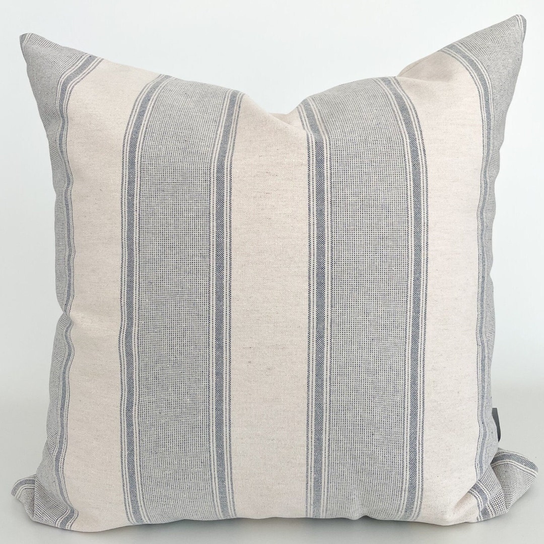French Linen Stripe Blue Pillow Cover, Pillow Covers, Striped Pillow ...