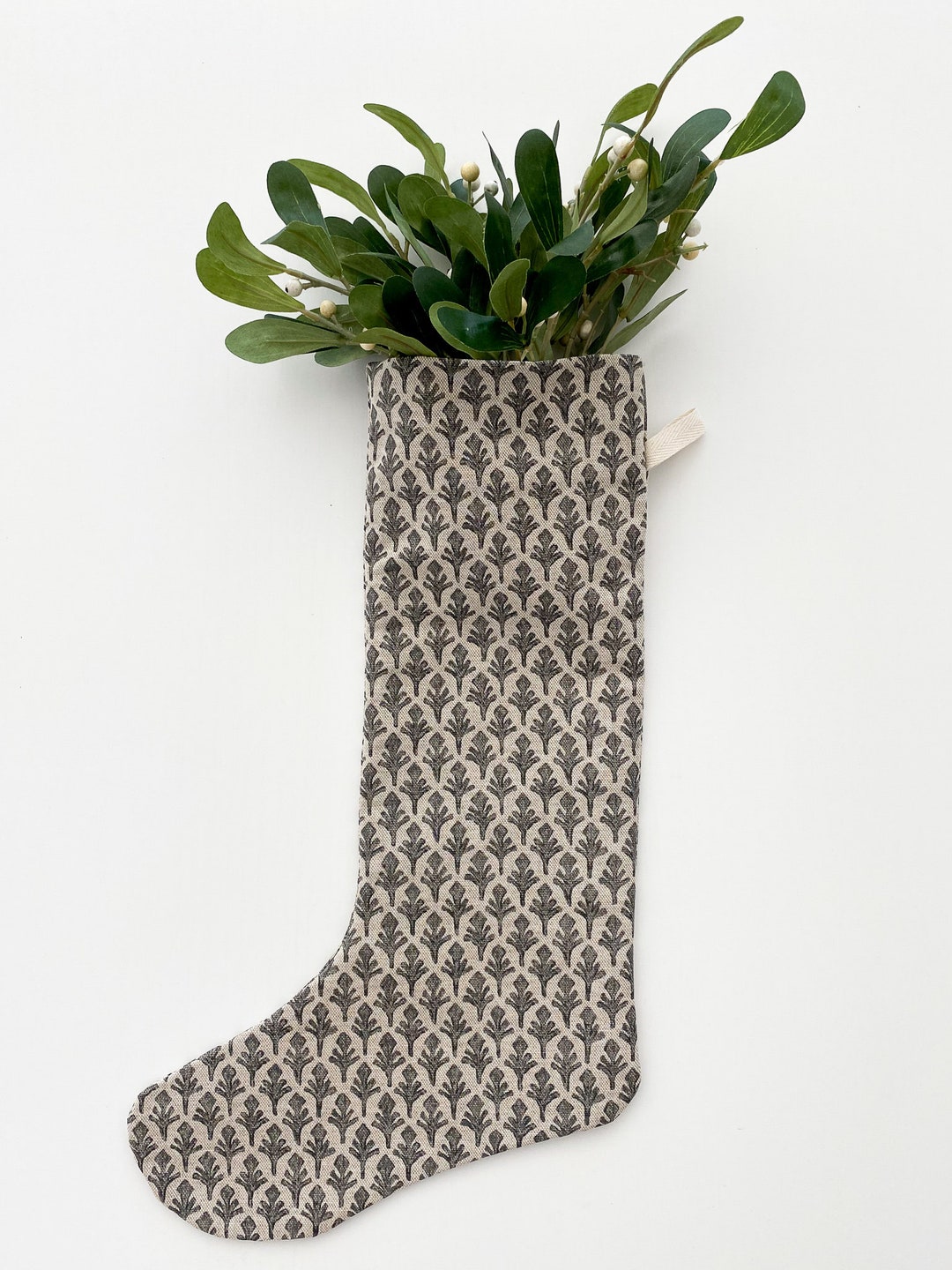 Gray Stocking, Charcoal Leaf Holiday Stocking, Floral Stocking, Neutral ...