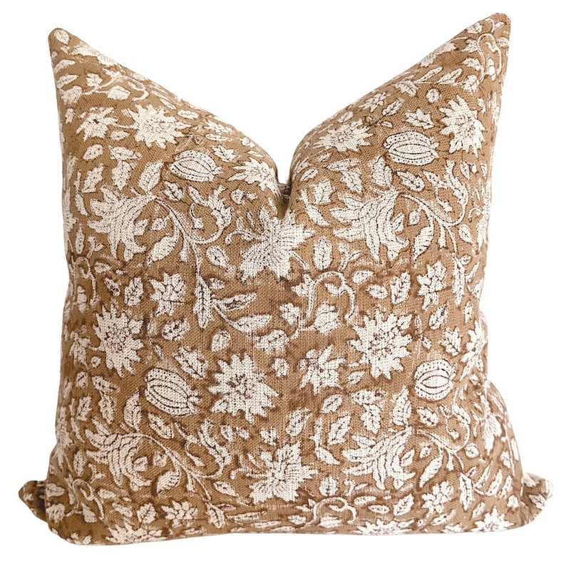 Rose Bud Brown Block Print Pillow Cover, Floral Pillow Cover, Block ...
