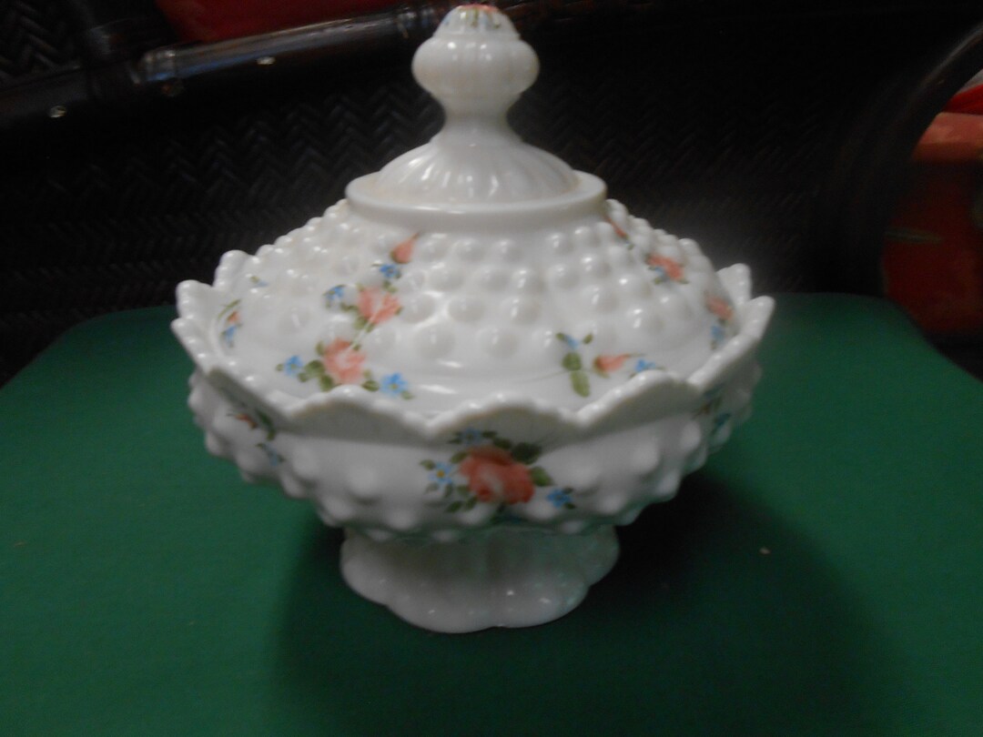 FENTON Milk Glass Compote With Lid Hand Painted artist K.hought - Etsy