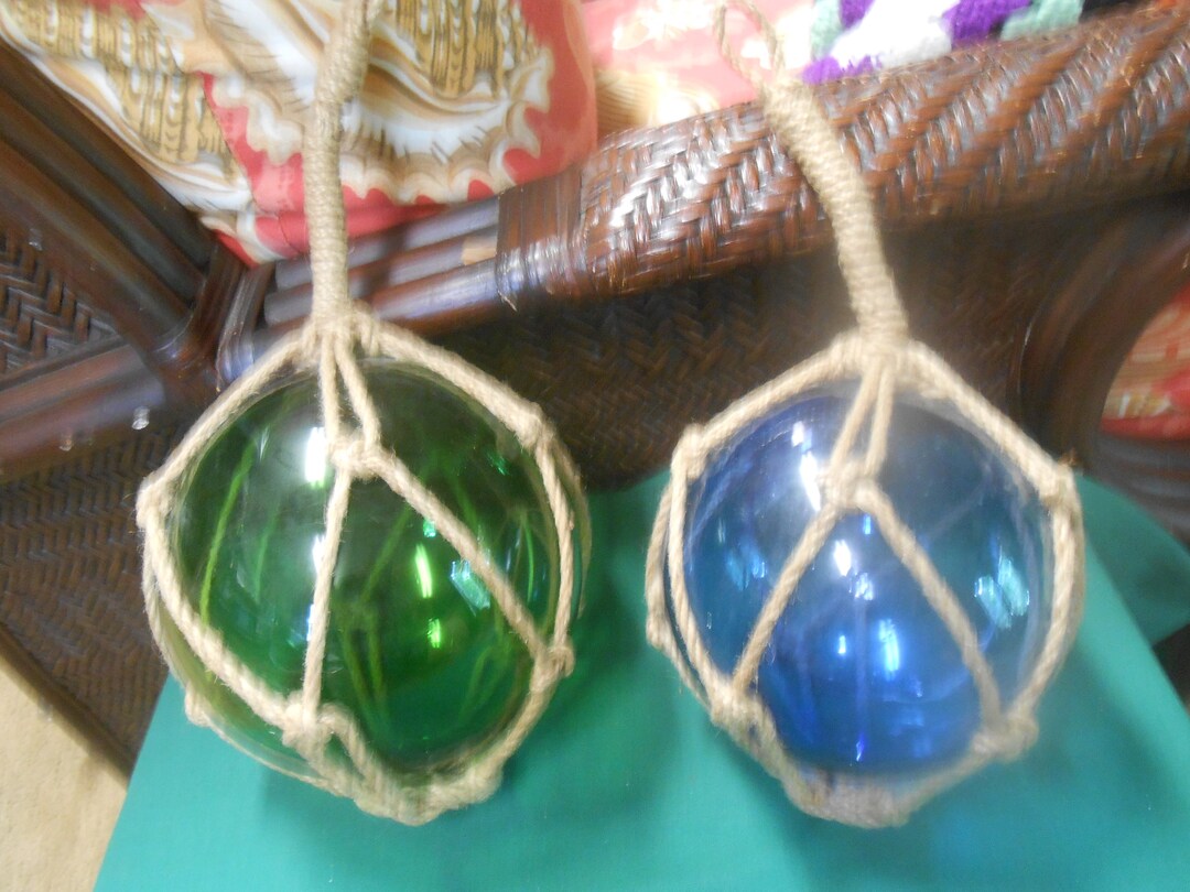 2 Glass BALLS in Rope Hangers..handblown Blue and Green Balls - Etsy