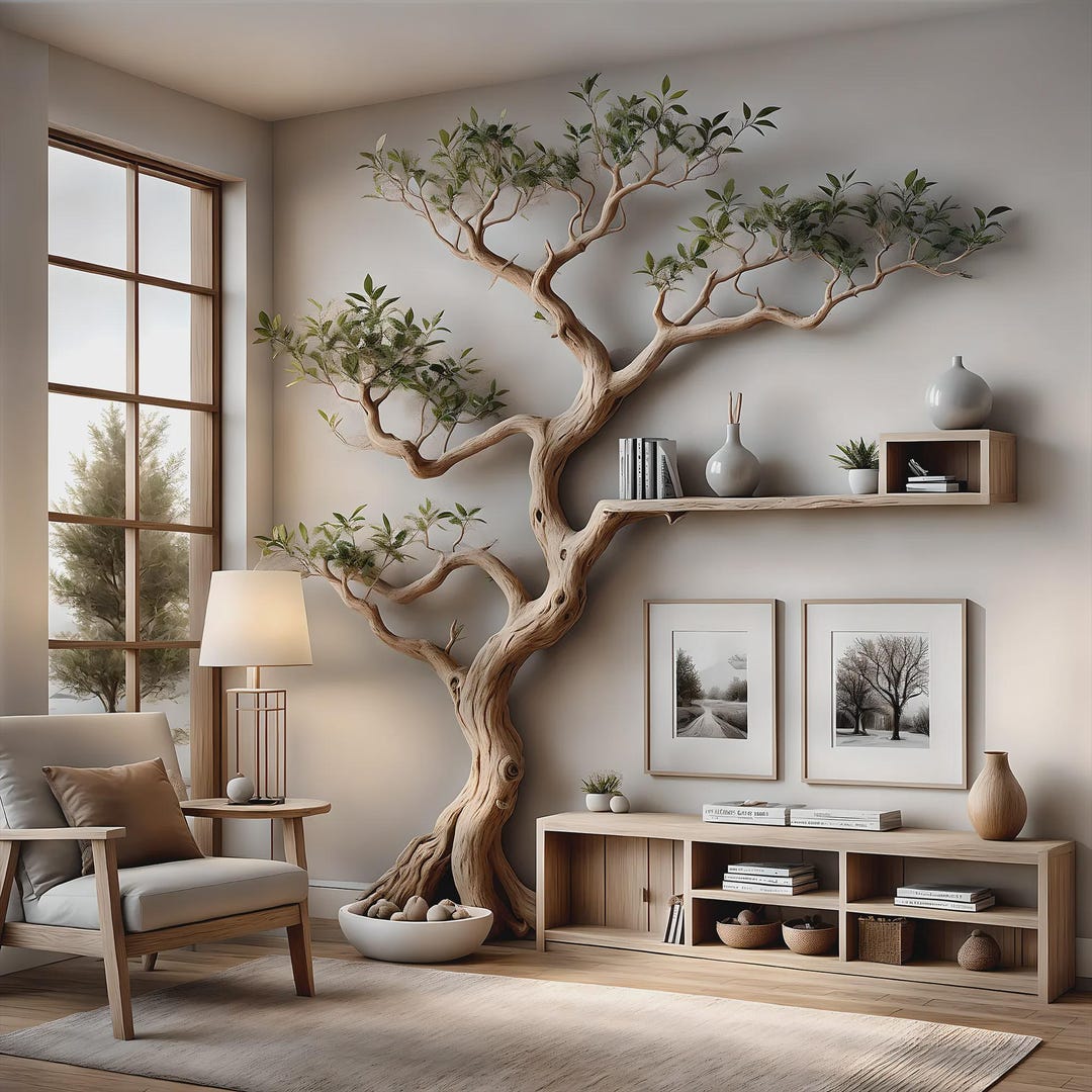 Organic Tree Wall Shelf | Japandi Natural Decor | Zen-inspired Bookcase ...
