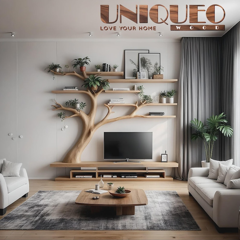Organic Tree Design TV Console – Rustic Wall Mounted Shelf - Etsy