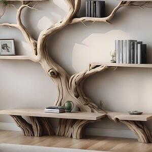 Wooden Tree Shelf | Organic Wall-mounted Bookshelf | Functional Art ...
