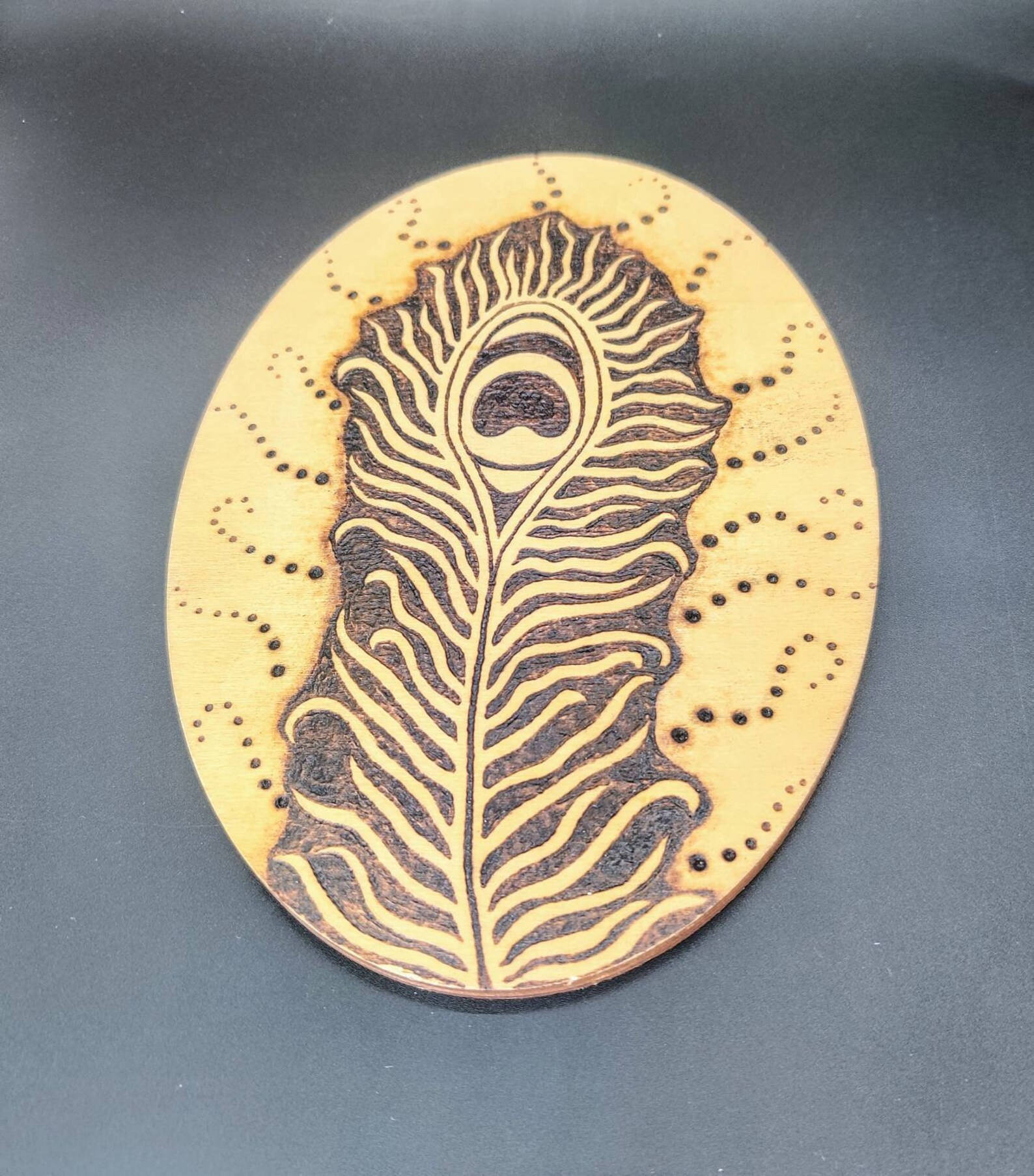 Hand Burned Peacock Feather Design on Wooden Plaque, Pyrography, Wood ...