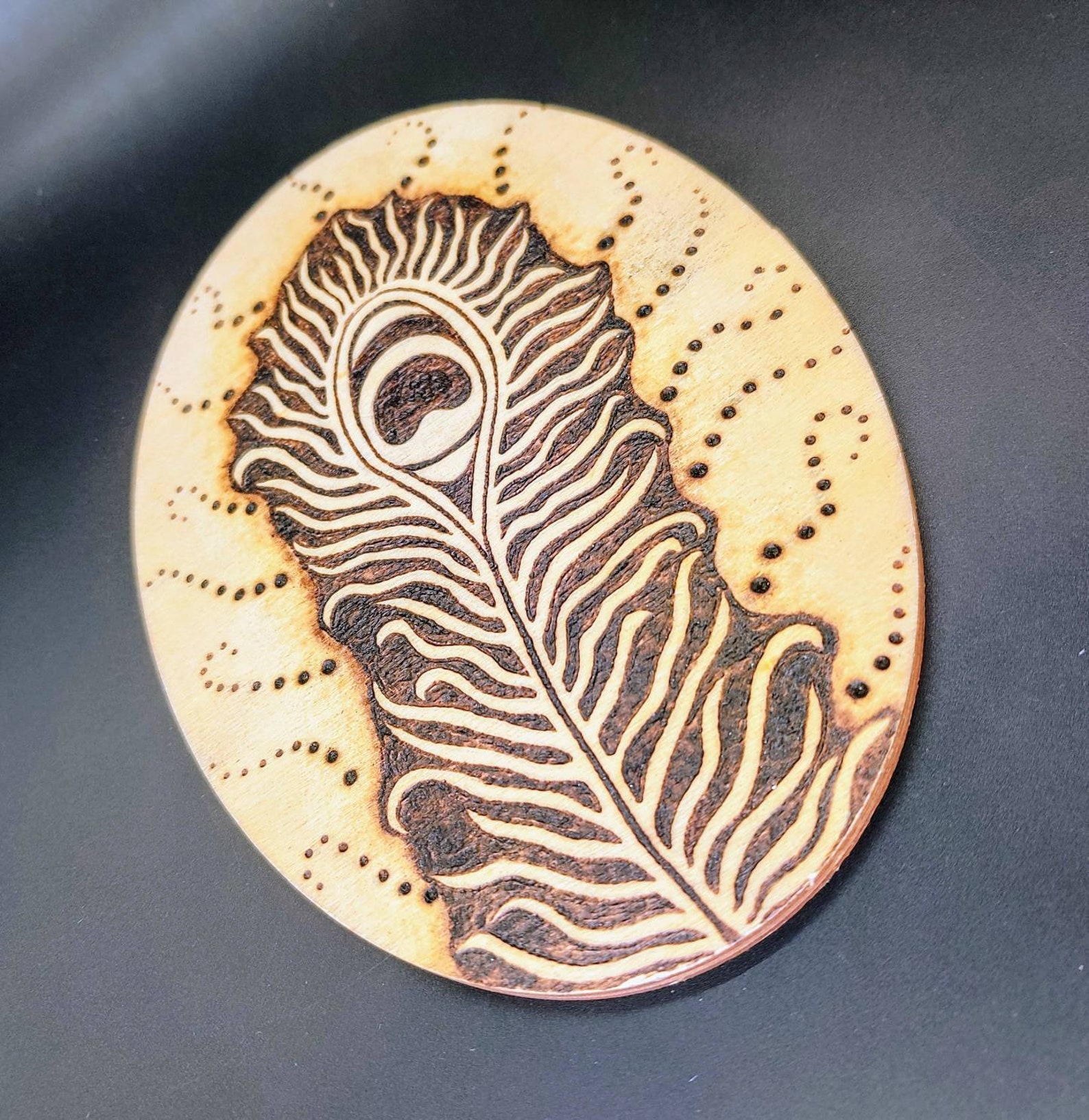 Hand Burned Peacock Feather Design on Wooden Plaque, Pyrography, Wood ...