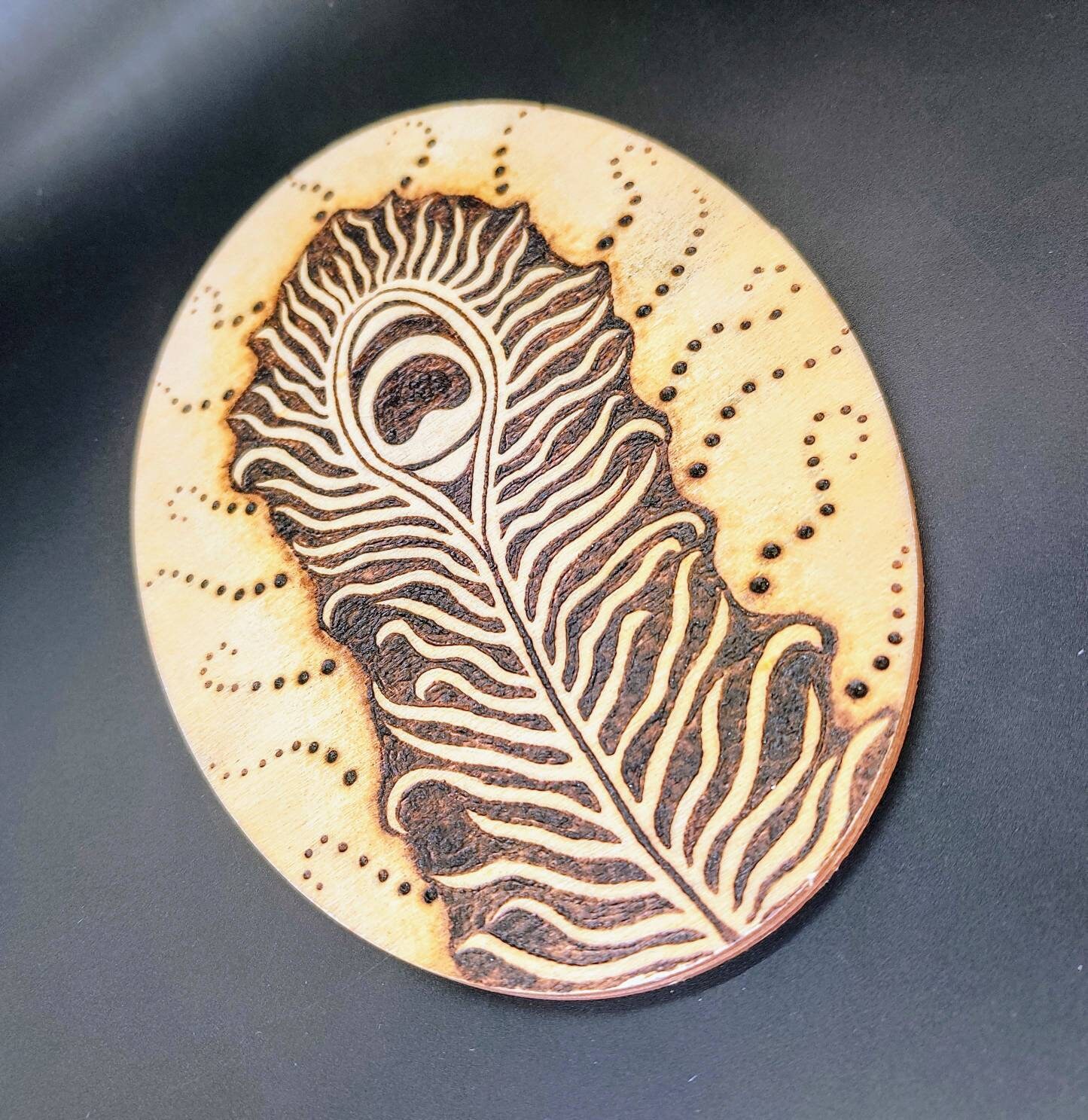 Hand Burned Peacock Feather Design on Wooden Plaque, Pyrography, Wood ...