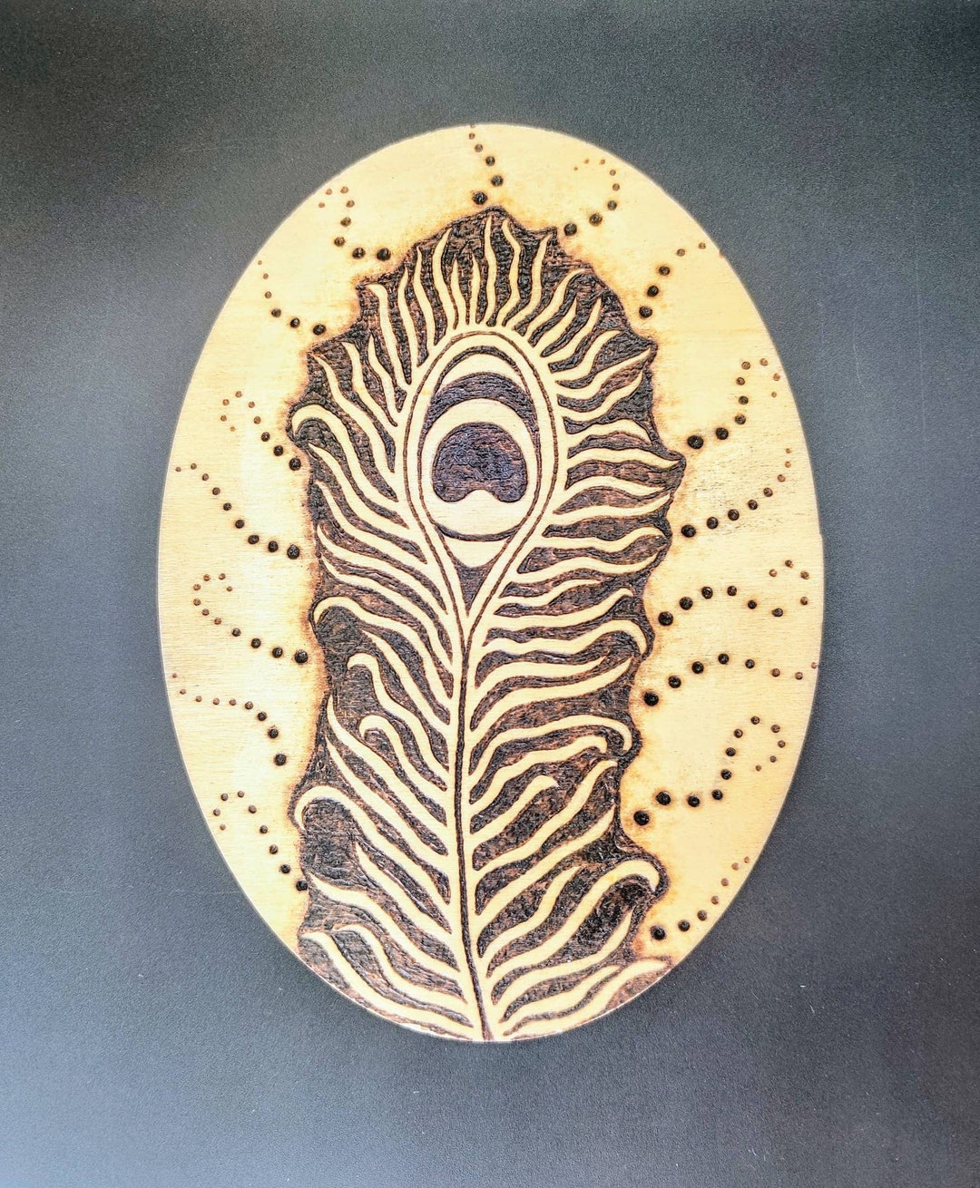 Hand Burned Peacock Feather Design on Wooden Plaque, Pyrography, Wood ...
