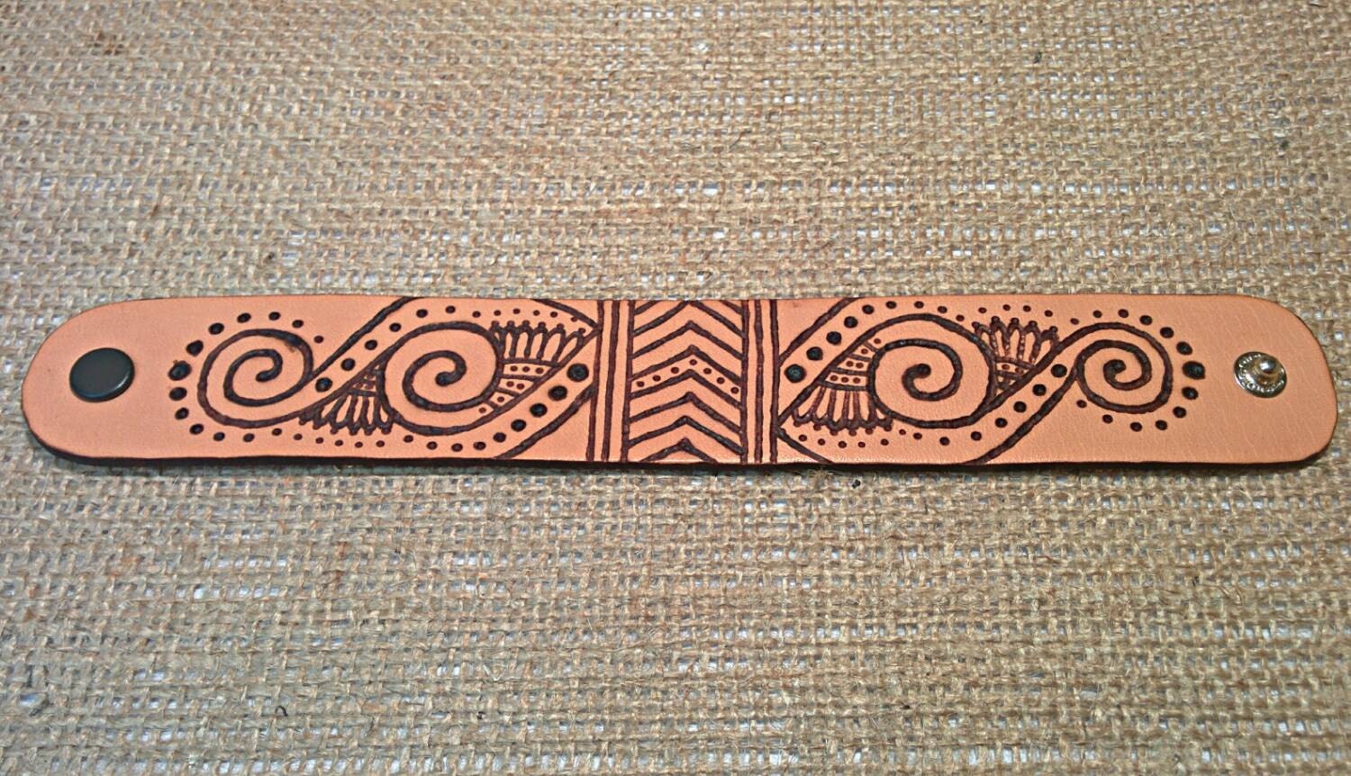 Bohemian Design Hand Burned Leather Cuff, Bracelet, Pyrography, Hippie ...